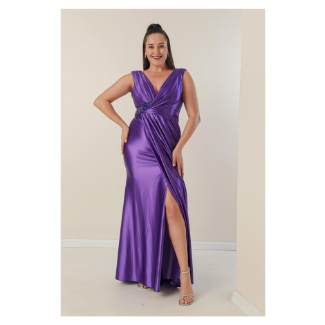 By Saygı Plus Size Long Satin Dress with Beaded Detail and Lined ...
