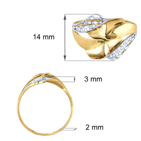 GEMMAX Jewelry Výrazný dámský zlatý prsten široký prořezávaný - žluto-bílé zlato | Modio.cz
